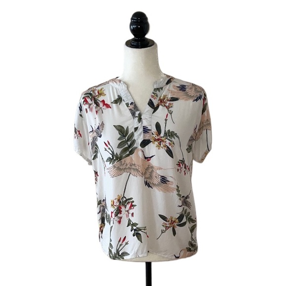 Tops | White Pink Green Floral Bird Print Top | Poshmark